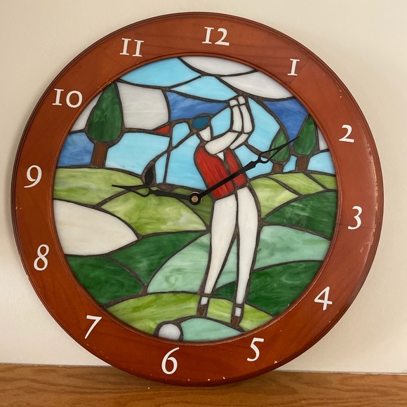Wall Decor | 197s Wood Framed Stained Glass Golf Motive Clock | Poshmark